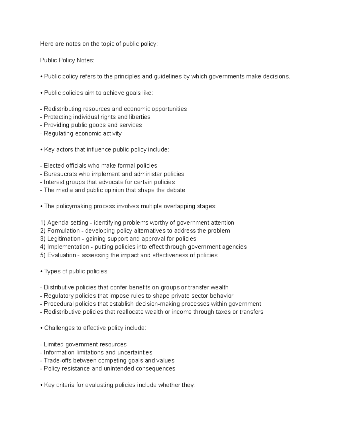 Public Policy Notes - Here are notes on the topic of public policy ...