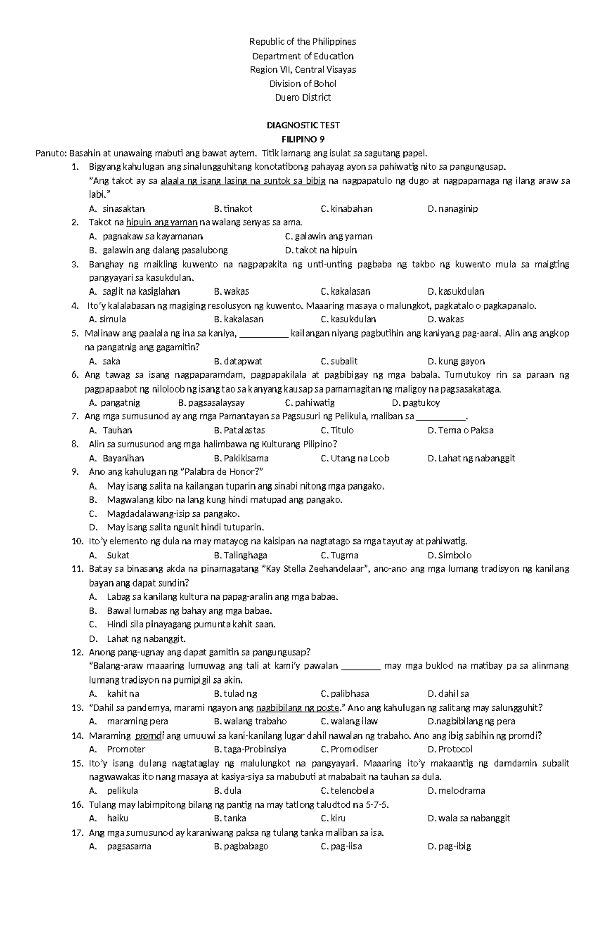 Diagnostic Test In Filipino 9 - Republic of the Philippines Department ...