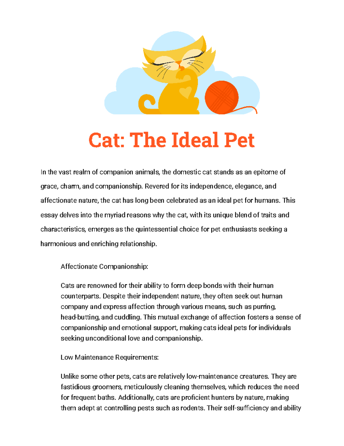 Cat The Ideal Pet - Essay Writing - Cat: The Ideal Pet In the vast ...