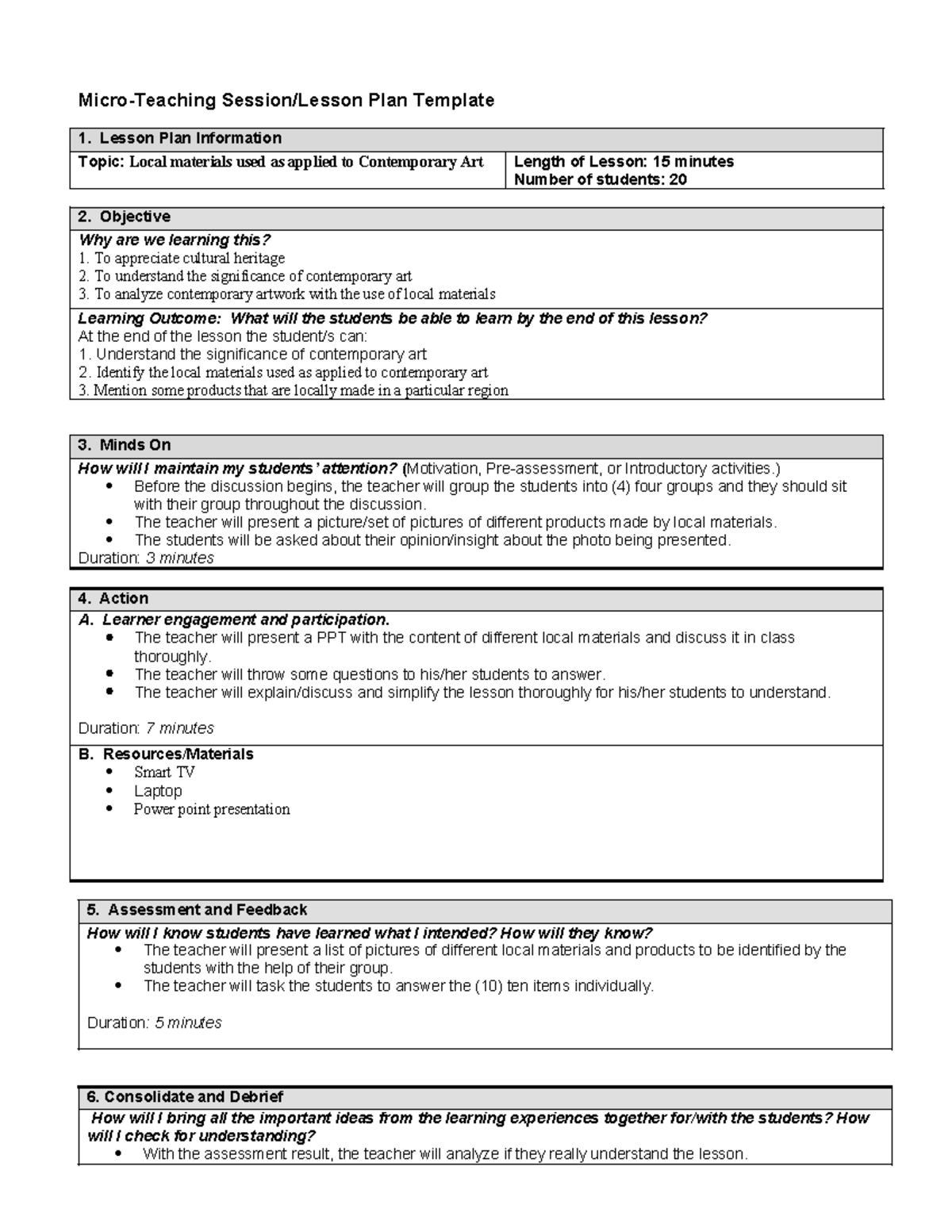 Template micro teaching - Micro-Teaching Session/Lesson Plan Template ...