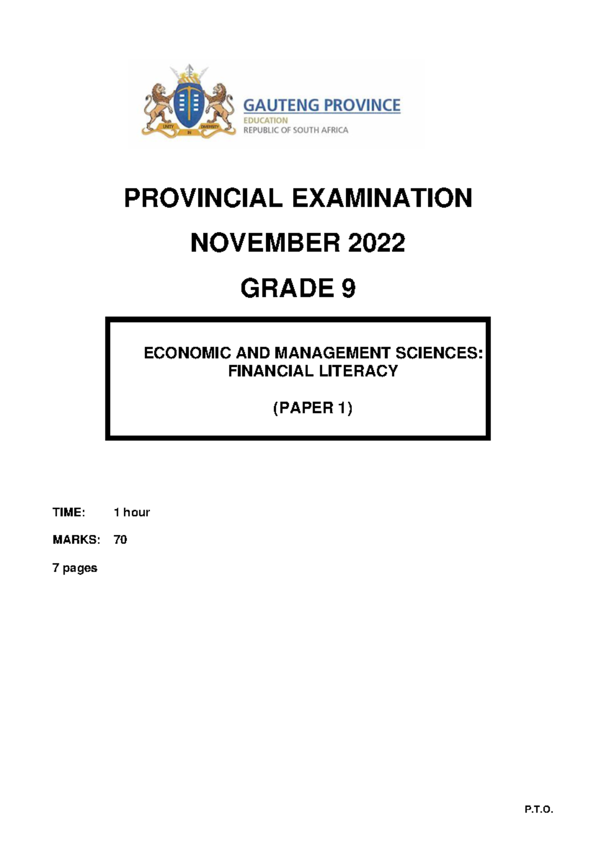 Gr 9 EMS P1 (English) November 2022 Question Paper - PROVINCIAL ...