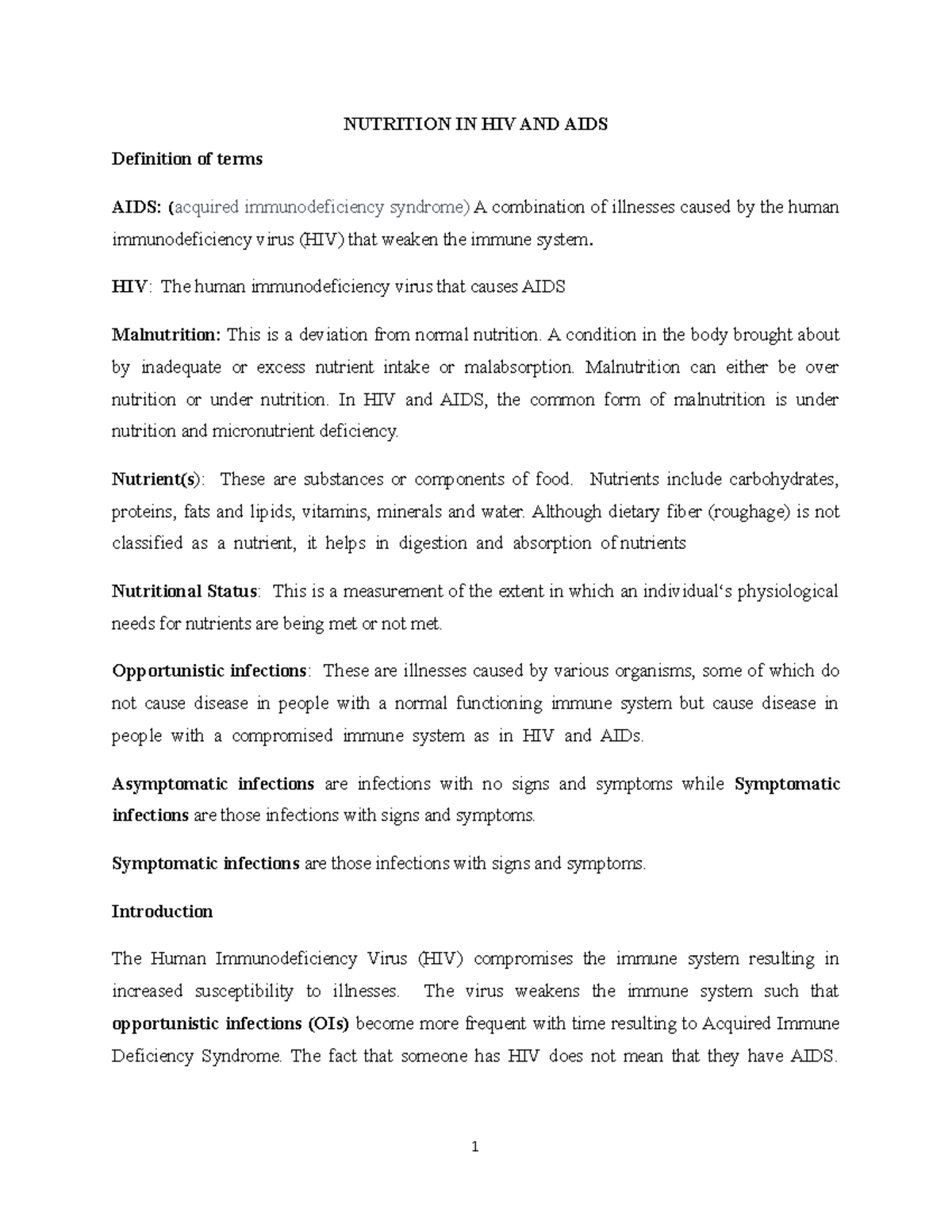 Nutrition IN HIV AND AIDS notes - NUTRITION IN HIV AND AIDS Definition ...