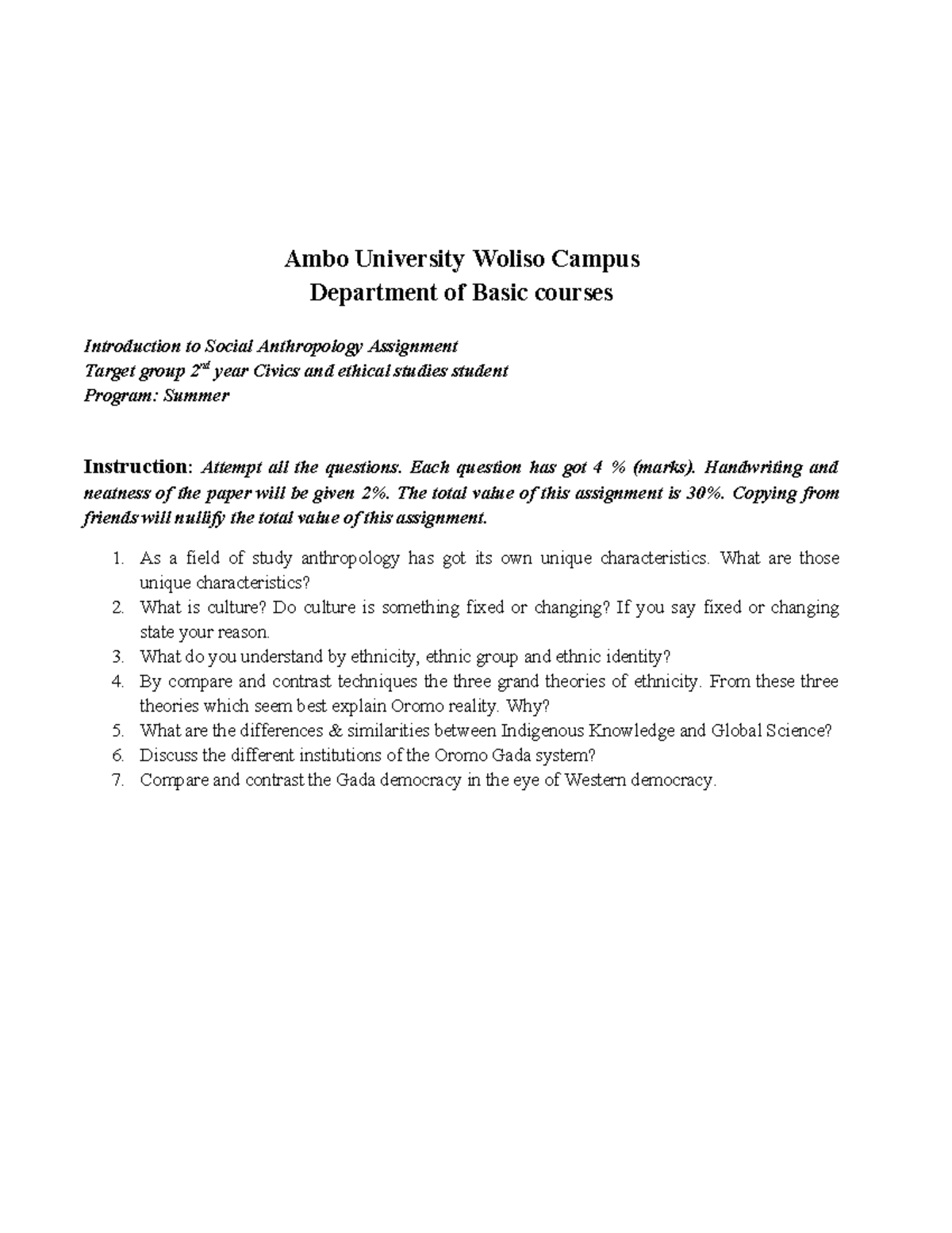 Anthropology assignment - Ambo University Woliso Campus Department of ...