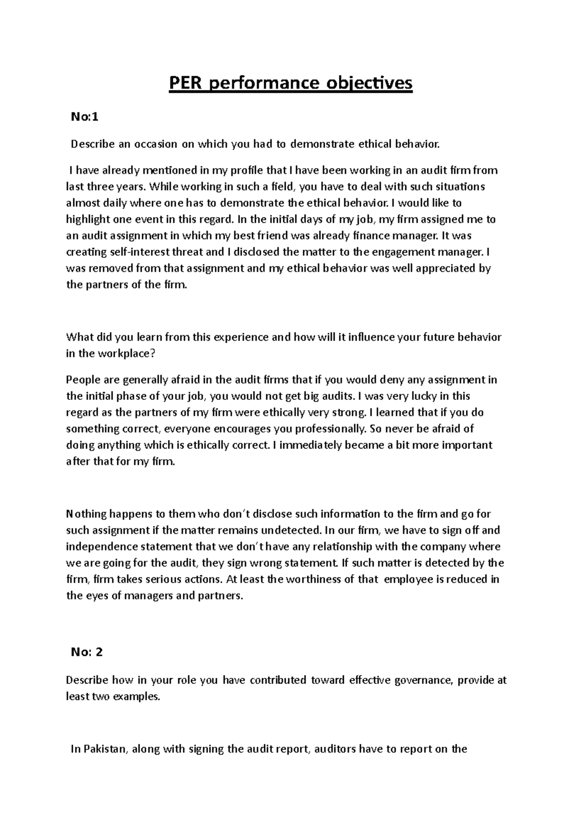 Acca per performance objectives - No: PER performance objectives ...