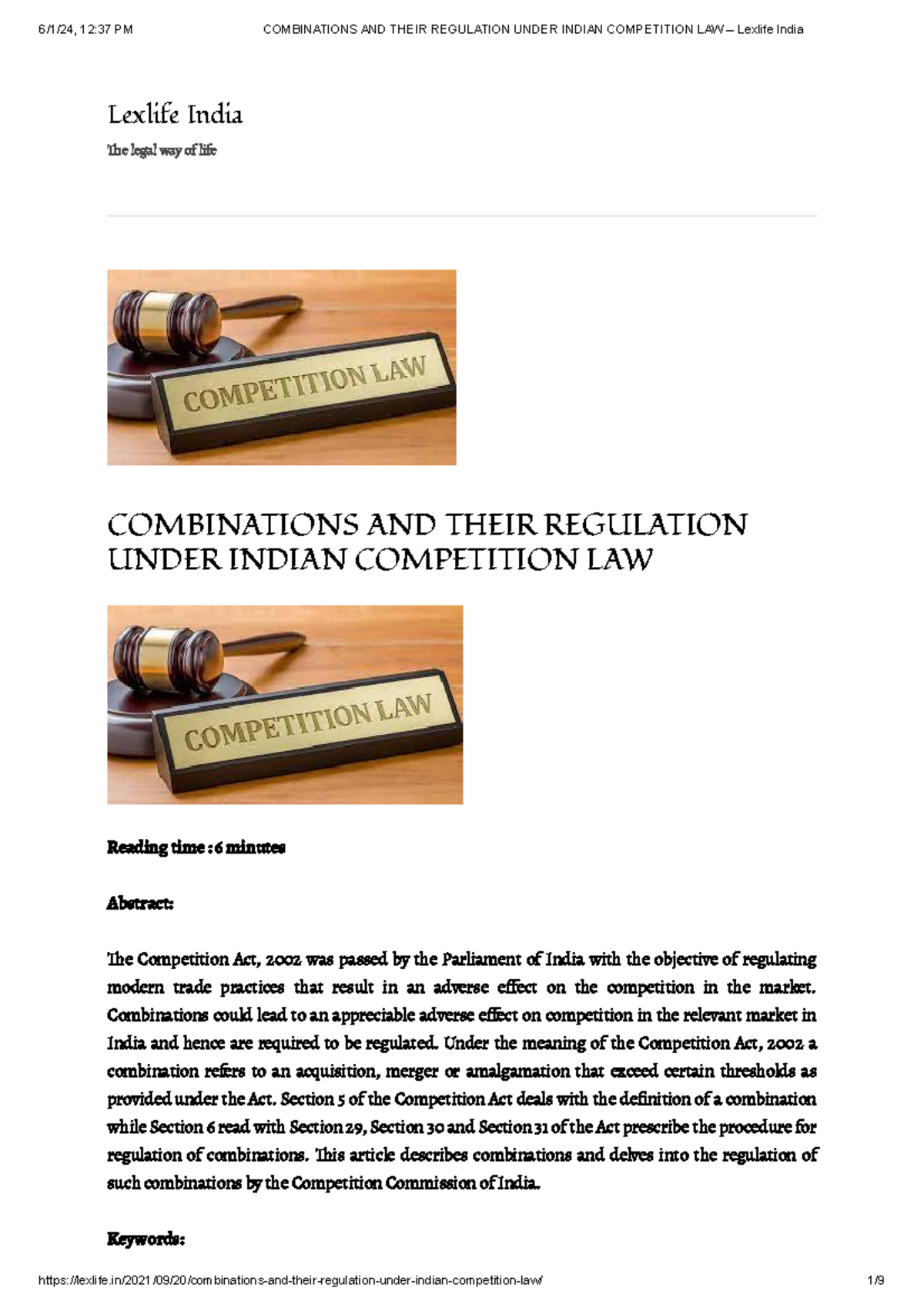 Combinations AND Their Regulation Under Indian Competition LAW ...