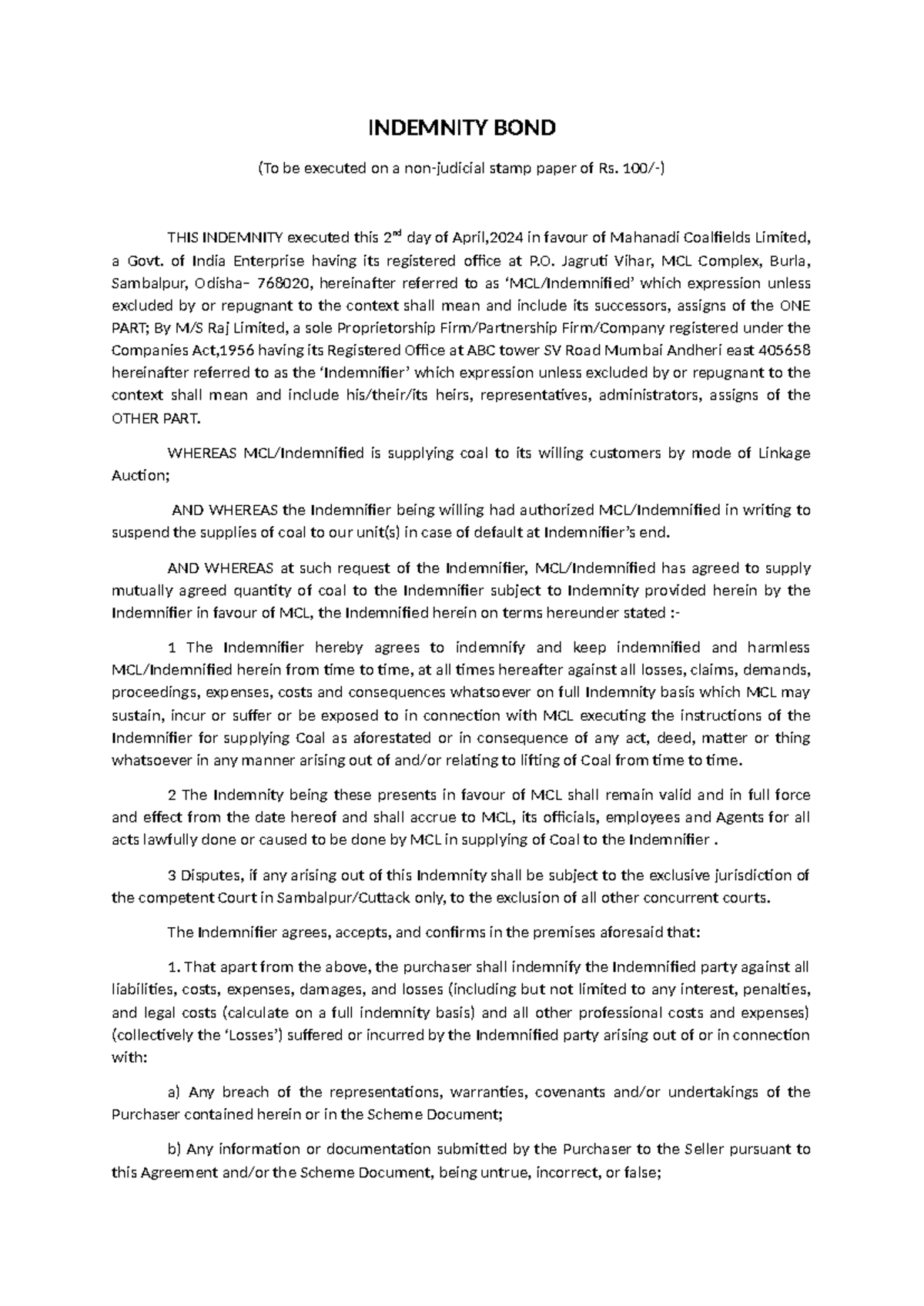 Indemnity BOND - INDEMNITY BOND (To be executed on a non-judicial stamp ...