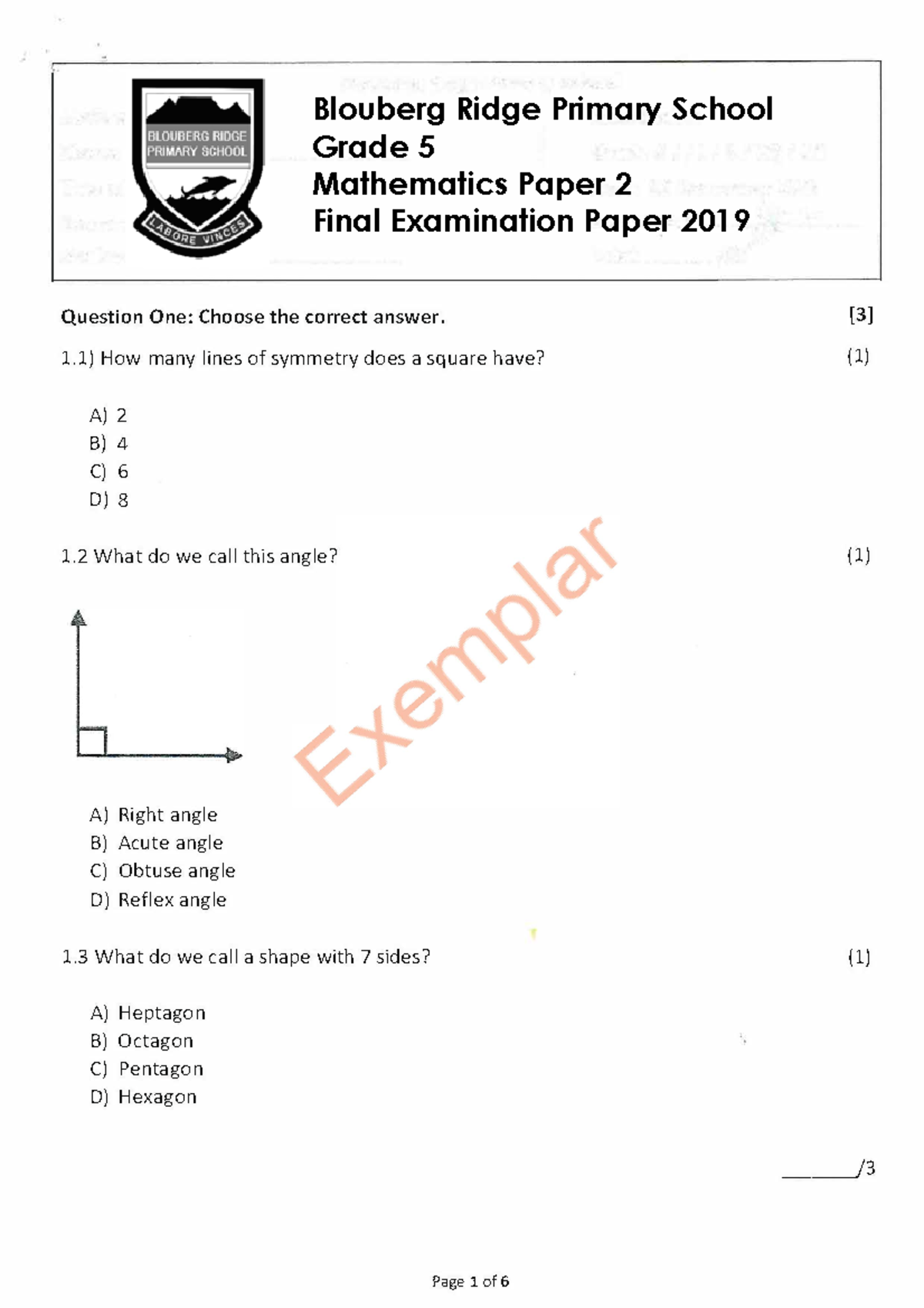Grade 5 Mathematics Paper 2 Final Examination 2019 - Question One ...