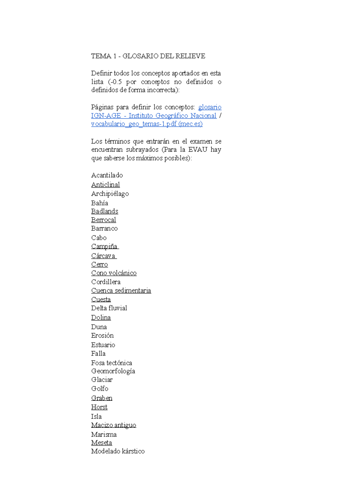 Glosario TEMA 1 2 - Estudiando - TEMA 1 - GLOSARIO DEL RELIEVE Definir ...