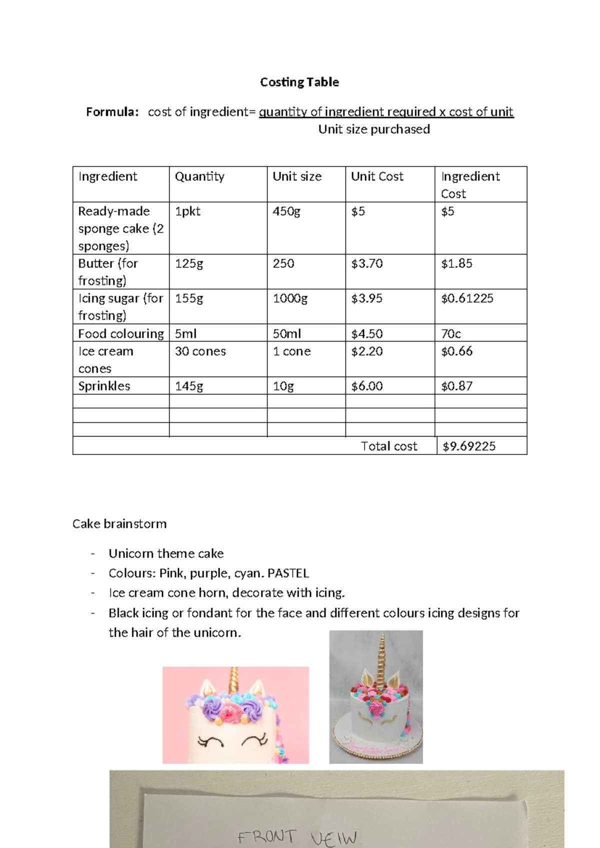 Costing a recipe naked cake 2023 - Costing Table Formula: cost of ...