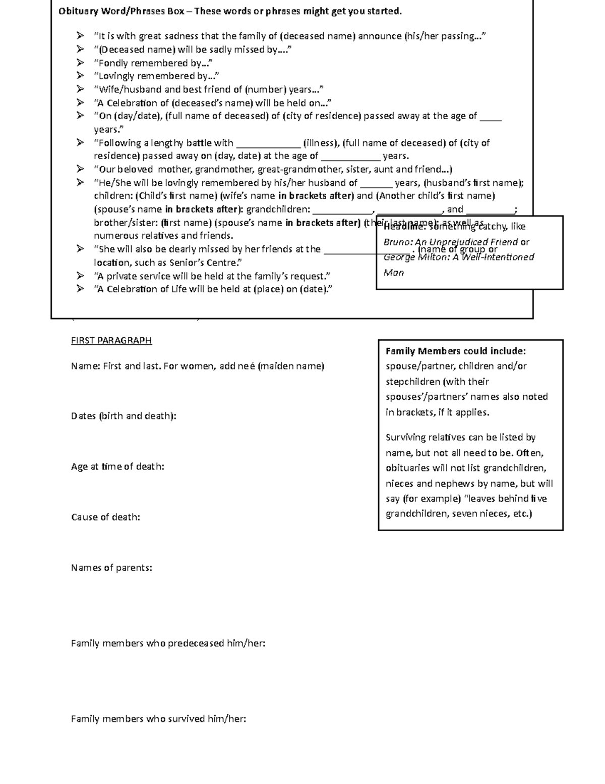 ELA B11 - Obituary Assignment - Graphic Organizer - Obituary Assignment ...