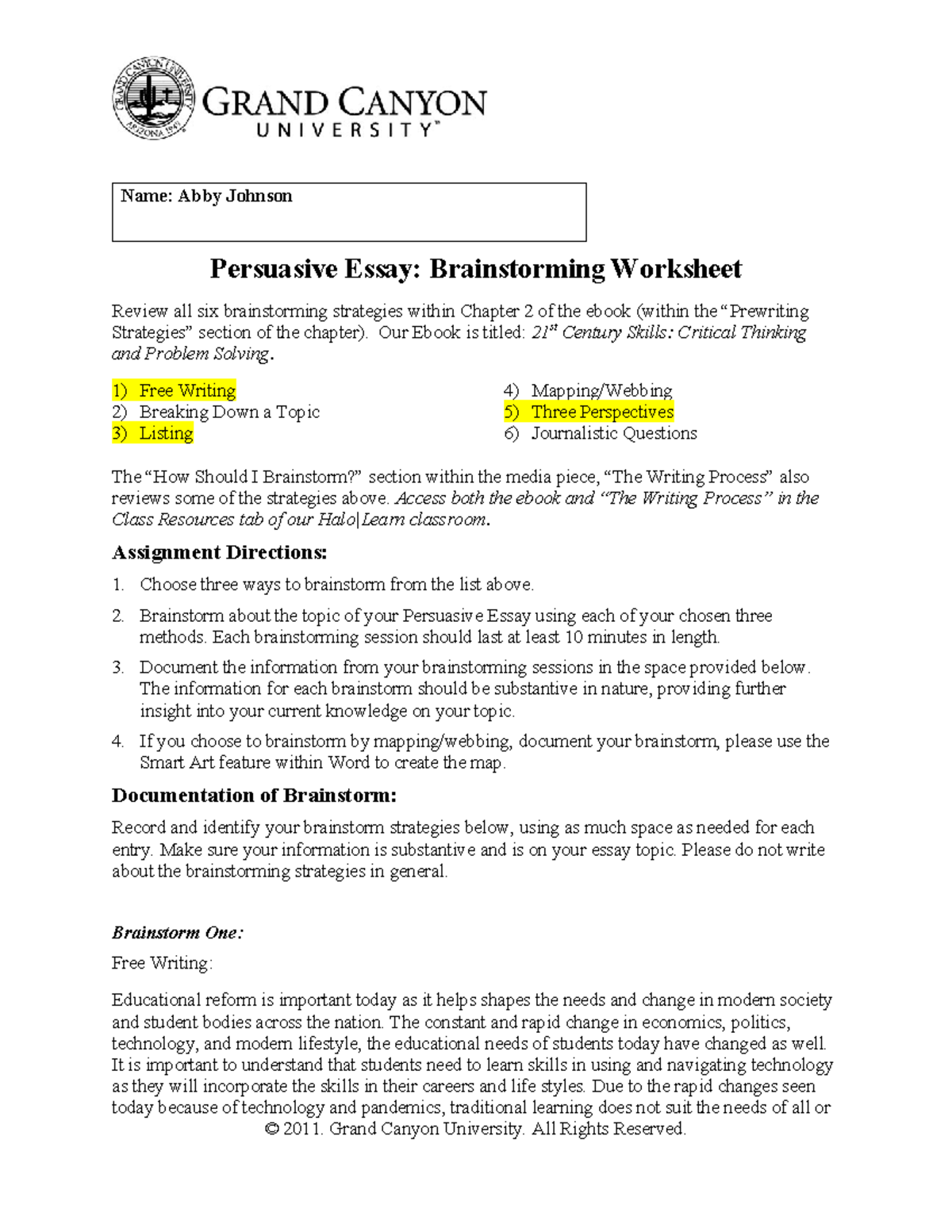PHI105 Brainstorming Worksheet - Name: Abby Johnson Persuasive Essay ...