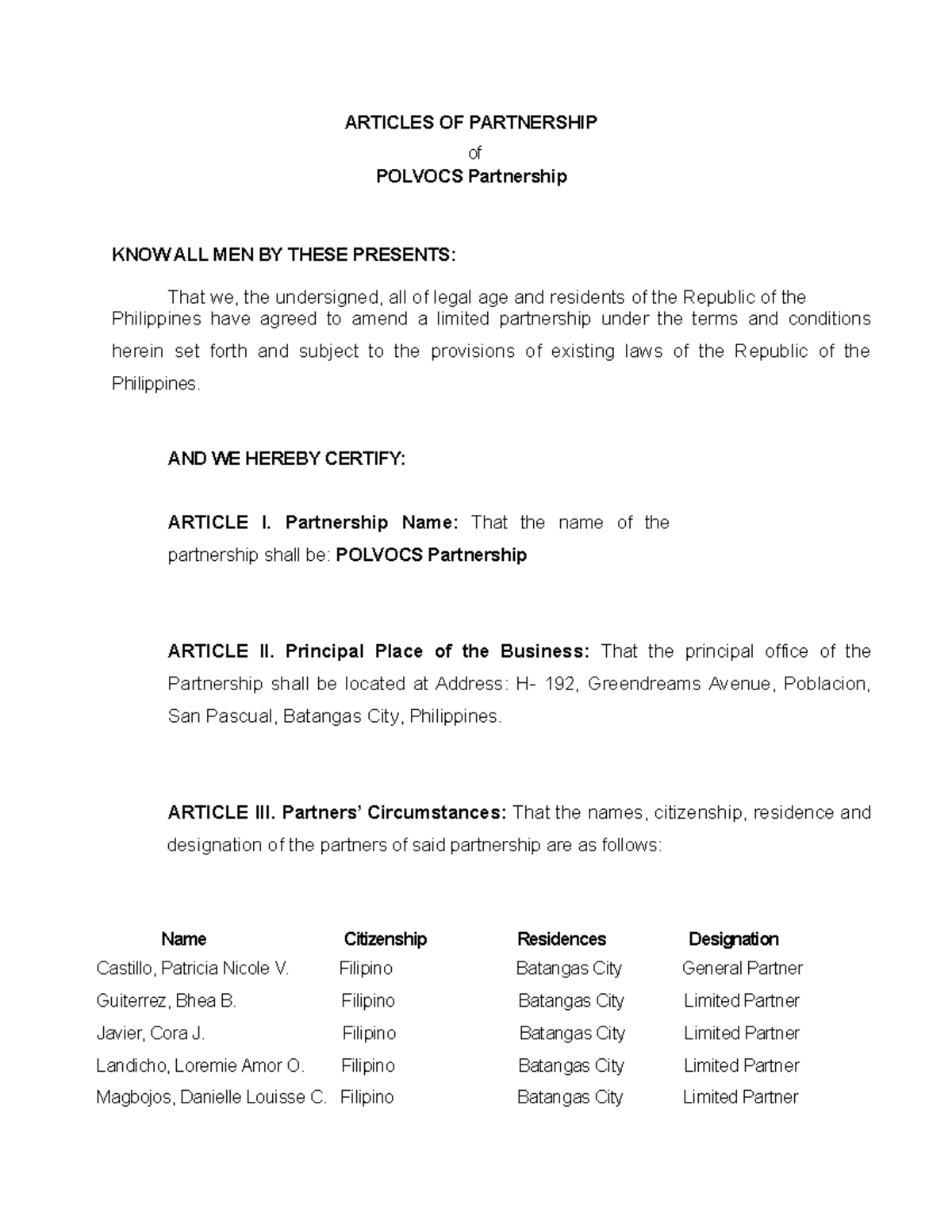 Articles OF Partnership - Complete - ARTICLES OF PARTNERSHIP of POLVOCS ...