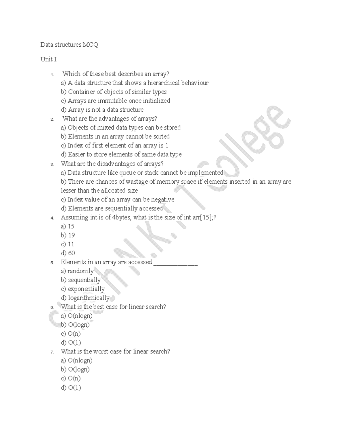 MCQ DS All Units - ...... - Data structures MCQ Unit I Which of these best describes an array? a ...