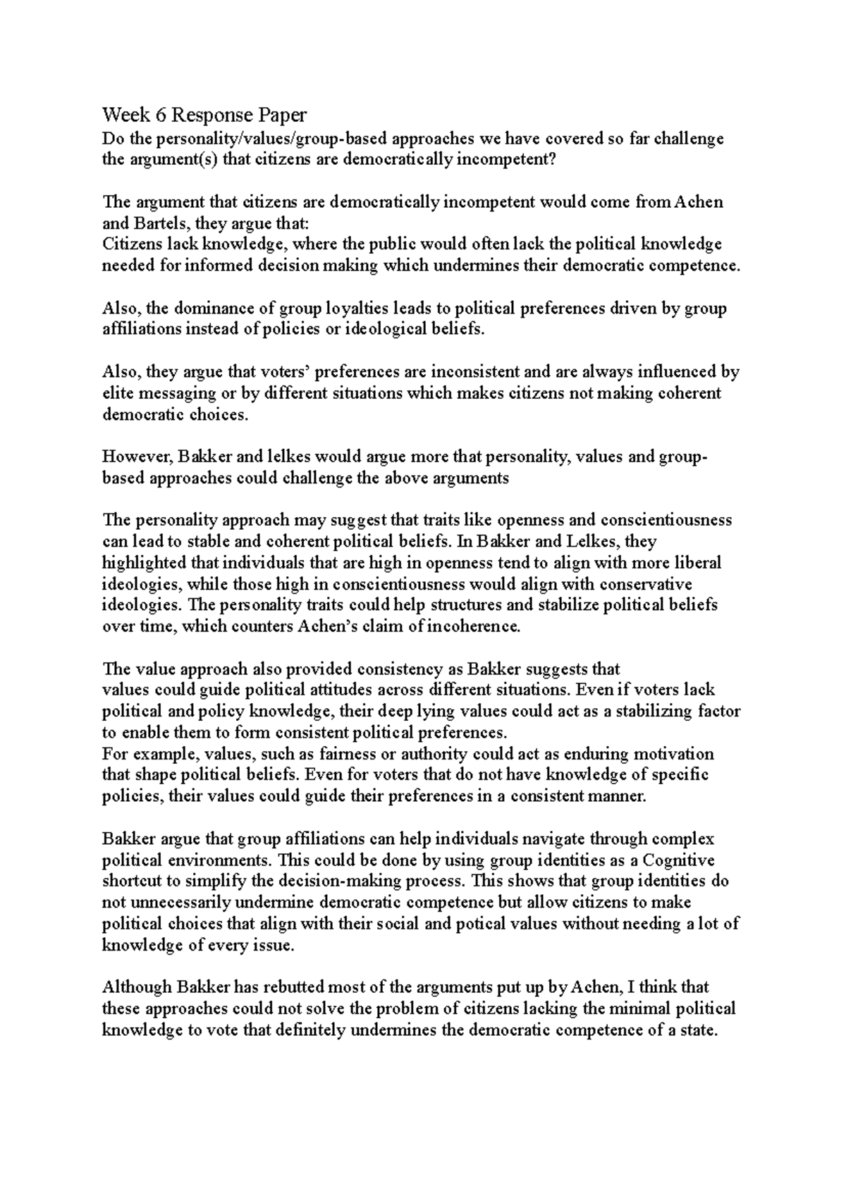 Week 6 Response Paper - Week 6 Response Paper Do the personality/values ...