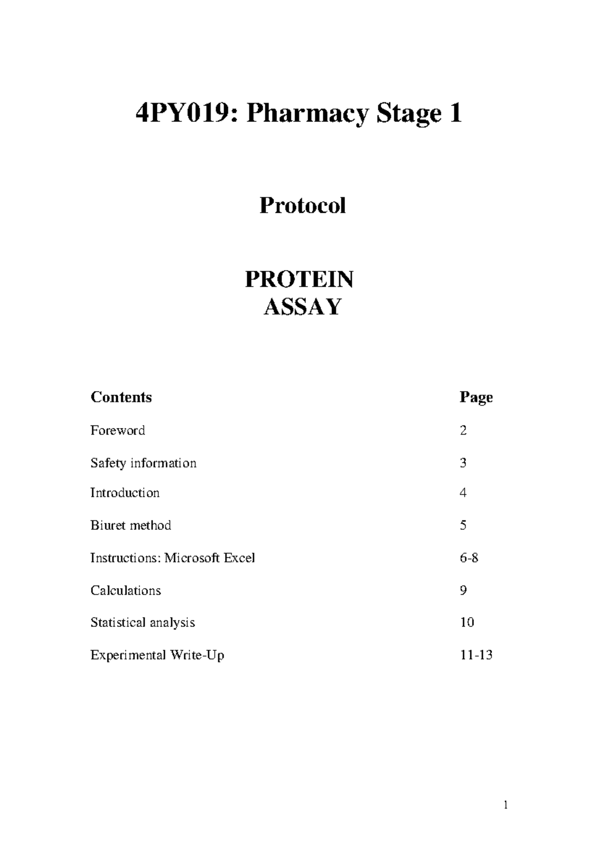 4PY019 - practical 1 Protein Assay Protocol - 4PY019: Pharmacy Stage 1 ...