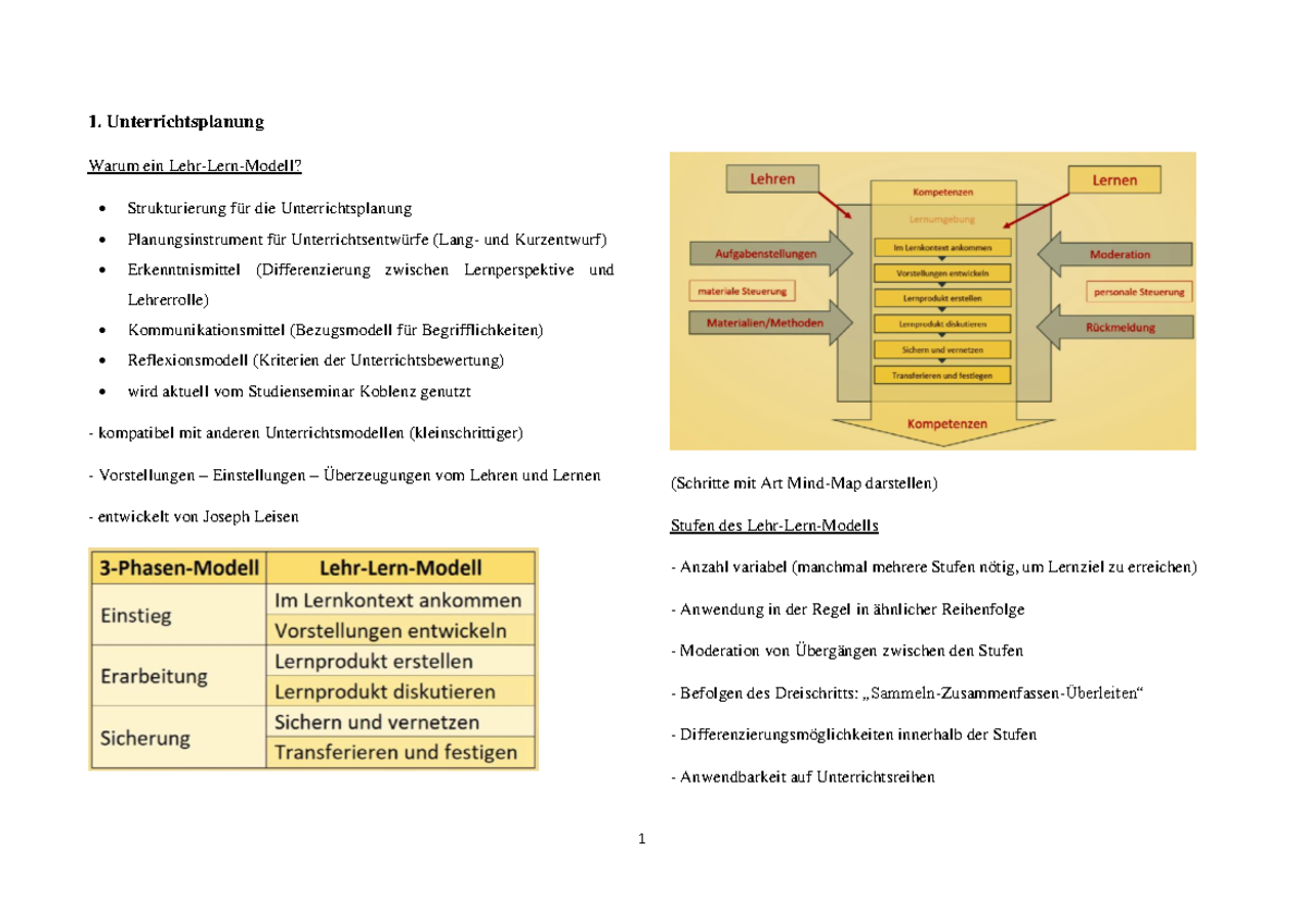 Zusammenfassung Unterrichtsplanung - 1 1. Unterrichtsplanung Warum ein ...