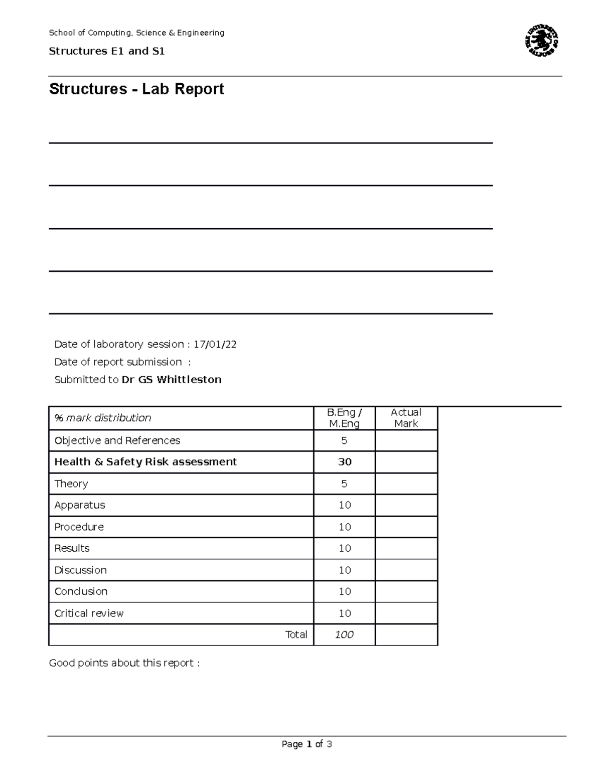 Struc lab rep - laboratory work - School of Computing, Science ...
