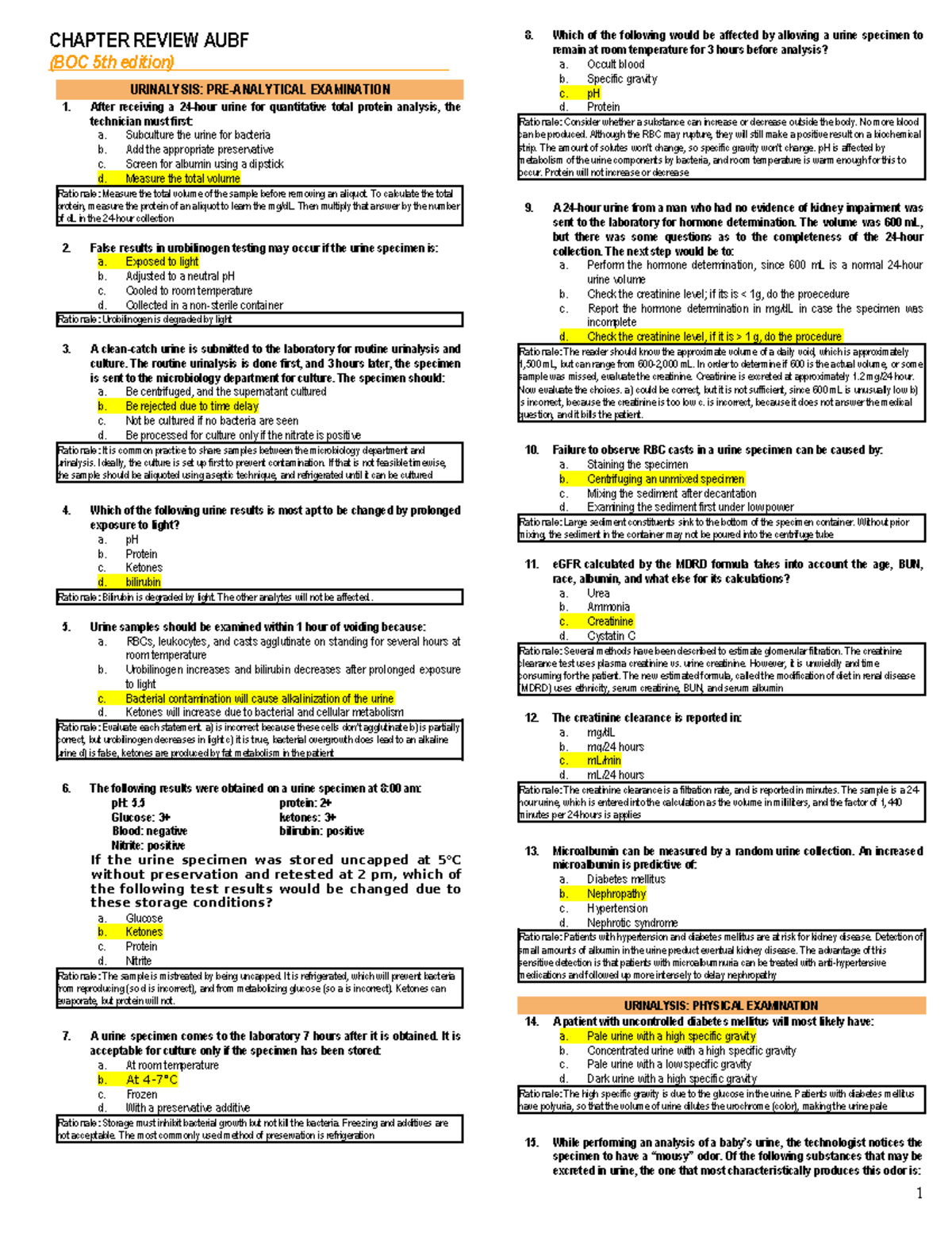 AUBF CHAP REVIEW - CHAPTER REVIEW AUBF (BOC 5th edition) URINALYSIS ...
