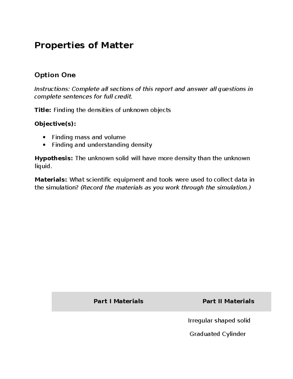 Properties of Matter 1.7 lab - Properties of Matter Option One ...