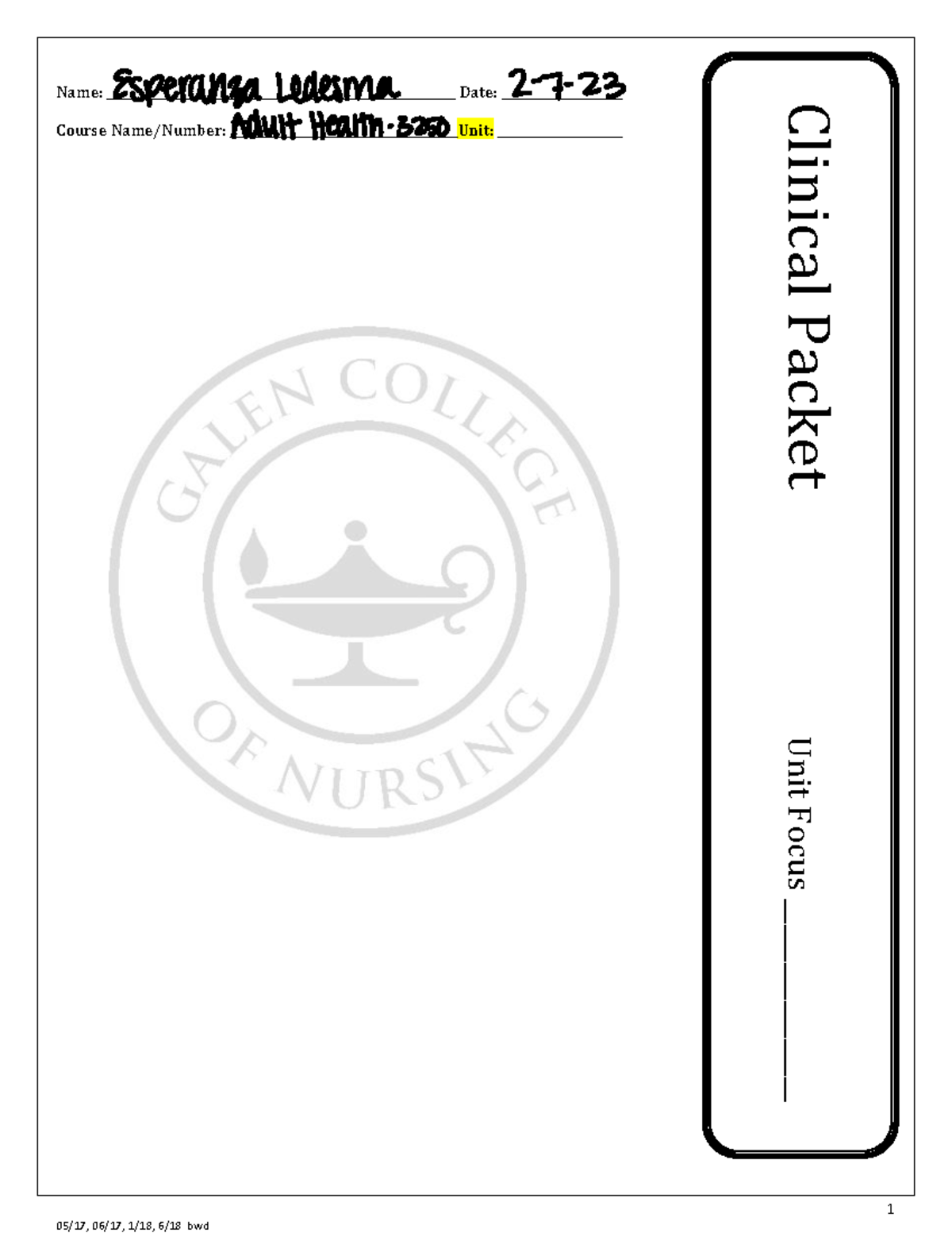Clinical packet - 1 Name ...