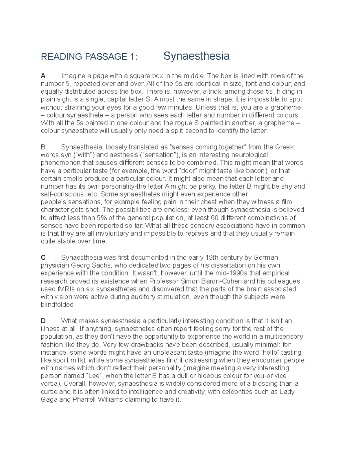 Reading TEST DEC2021 - gfs - READING PASSAGE 1: Synaesthesia A Imagine ...