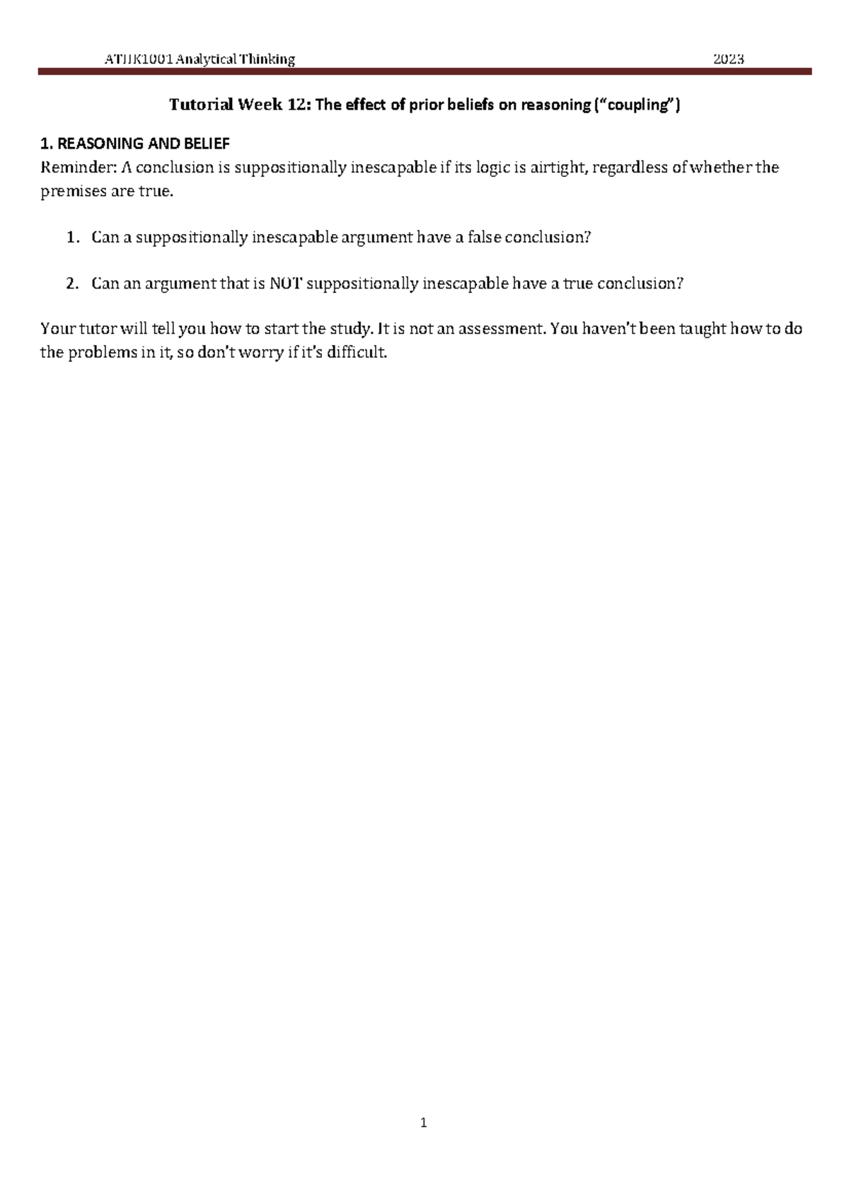 ATHK1001 w12 belief Coupling 2023 - ATHK1001 Analytical Thinking 2023 1 ...