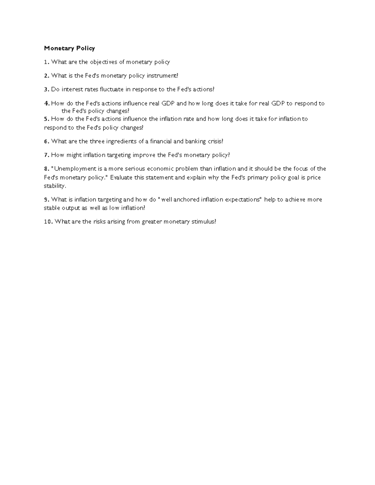 Monetary Policy Question Set - Monetary Policy What are the objectives ...