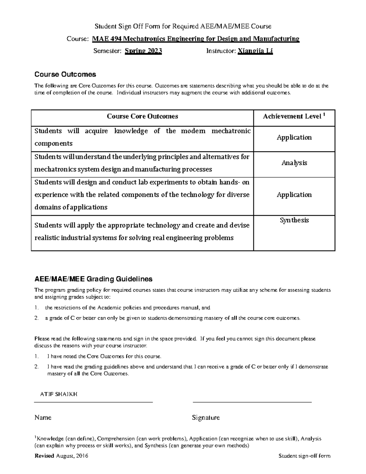 MAE494-Student Sign Off Form - Student Sign Off Form for Required AEE ...