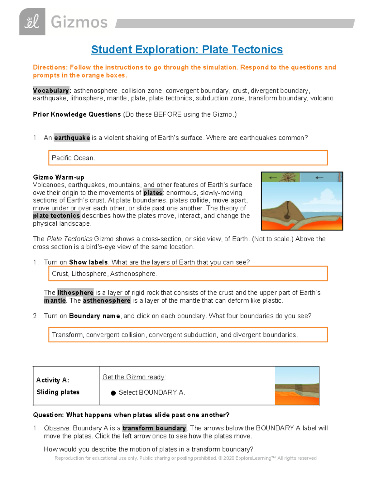 Gizmo Divergent and Transform - Student Exploration: Plate Tectonics ...