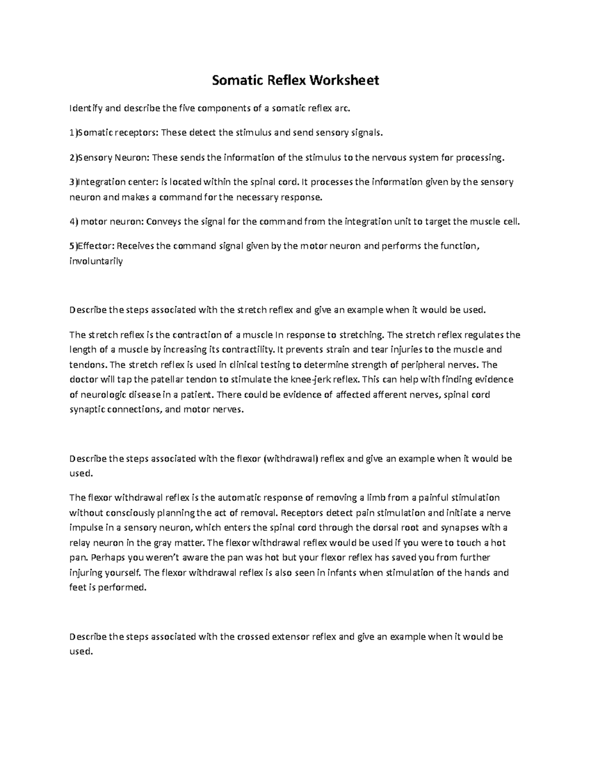 Somatic Reflex Worksheet - Somatic Reflex Worksheet Identify and ...