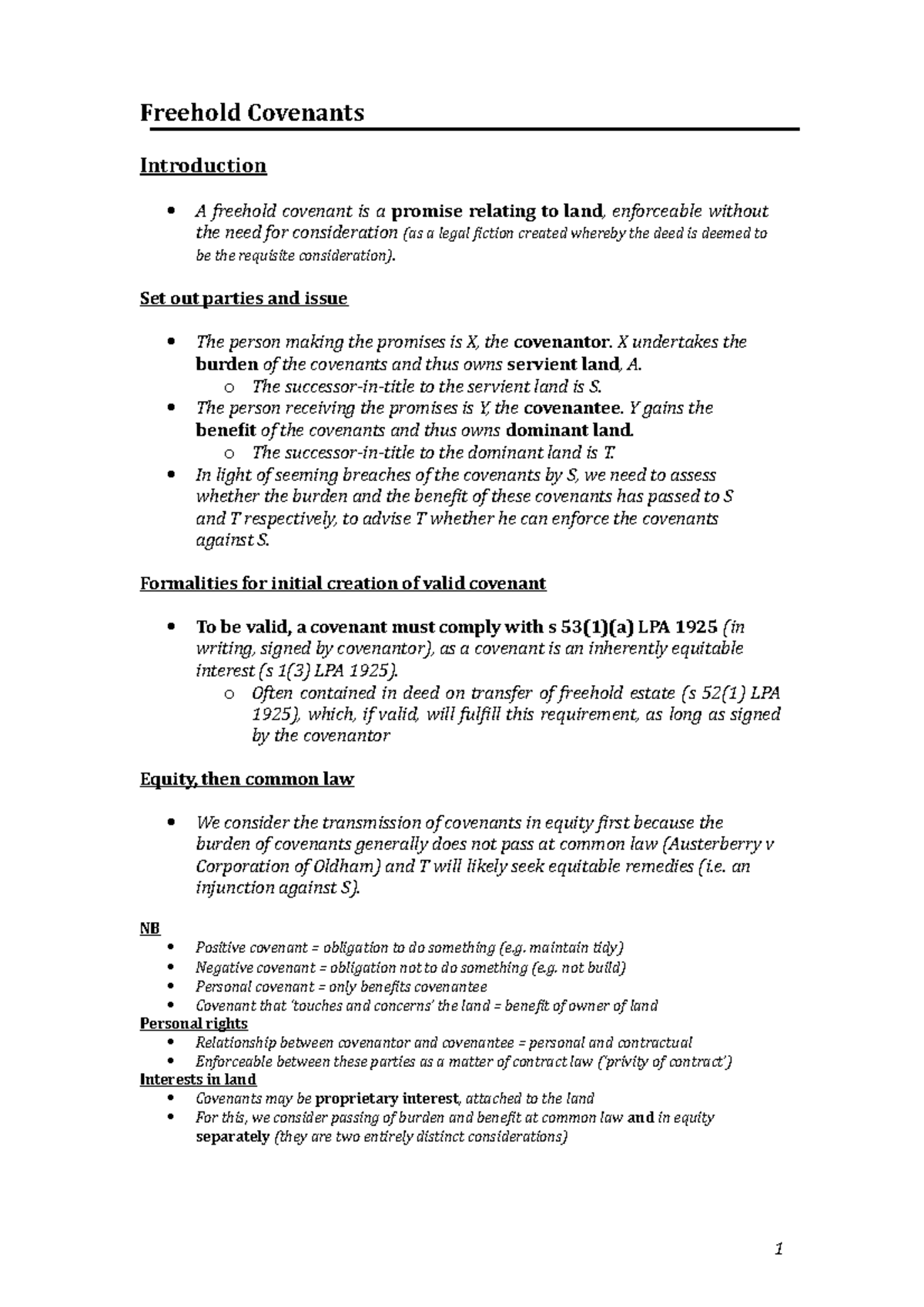 09 Freehold Covenants - land law - 1 Freehold Covenants Introduction A ...