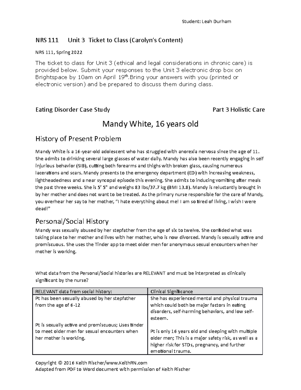 Unit 3 Pt A Ticket to Class Eating Disorder Case Study SP22 Student ...