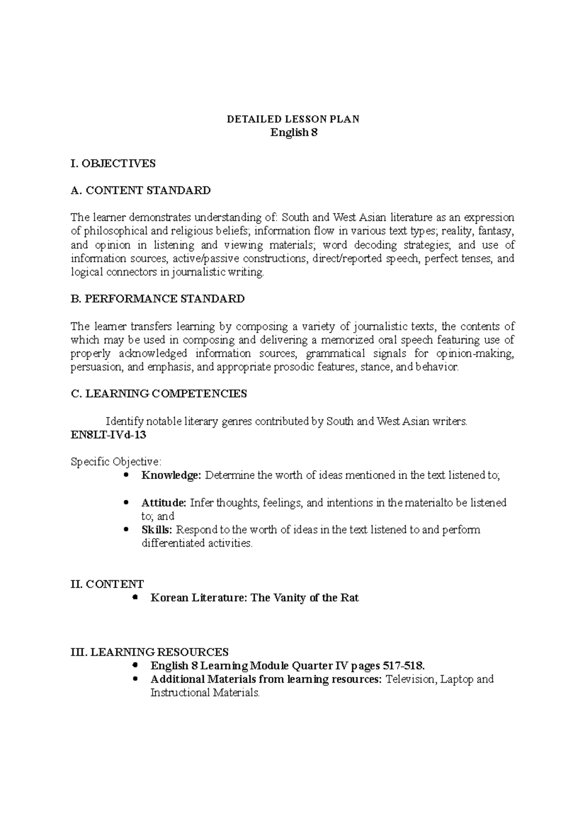 Farm demo - Leason plan - DETAILED LESSON PLAN English 8 I. OBJECTIVES ...