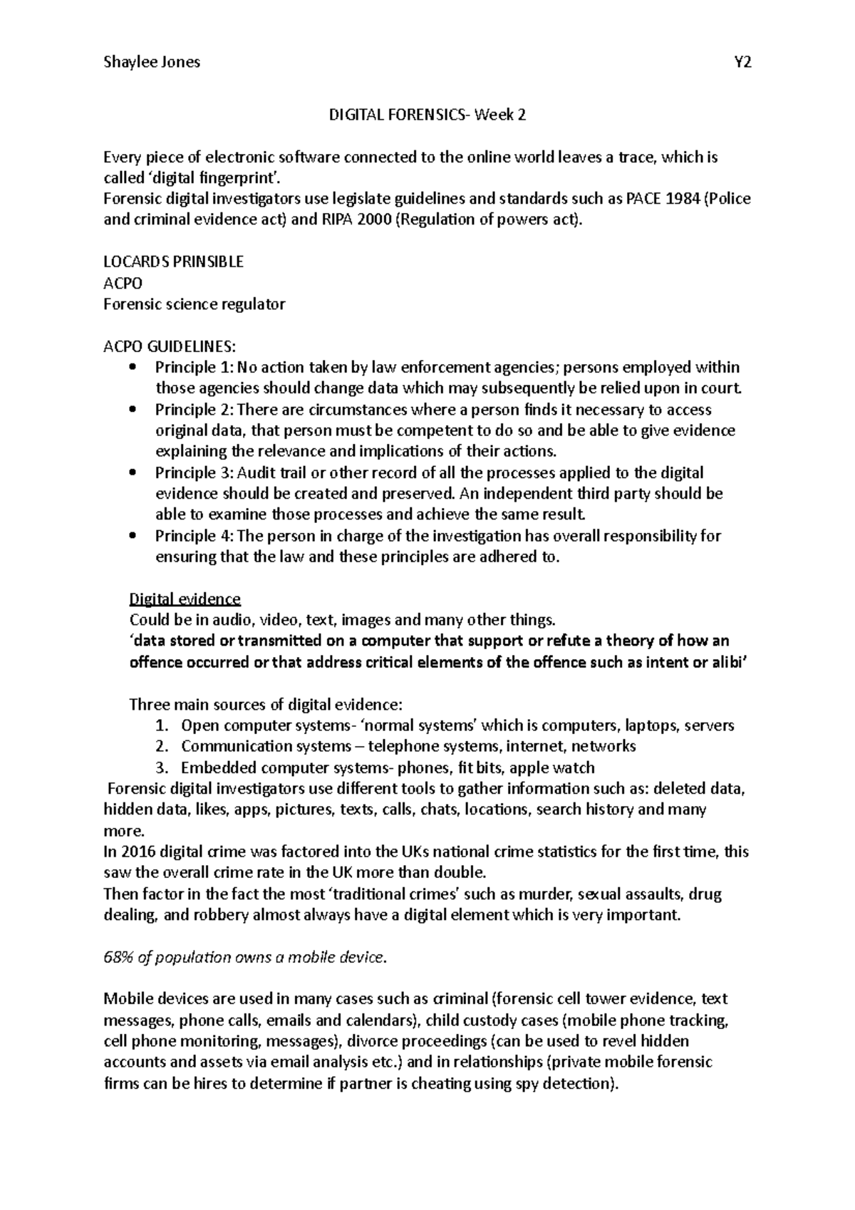 FIS ( Digital F) - Lecture notes 3 - Shaylee Jones Y DIGITAL FORENSICS ...