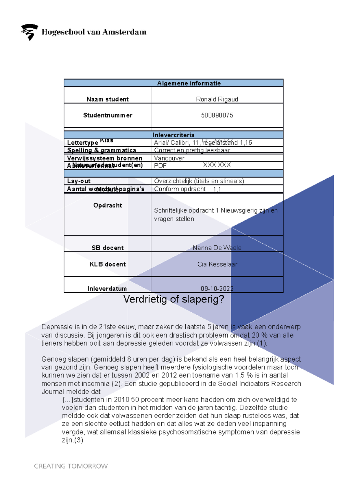 Voorblad opdrachten propedeuse - Verdrietig of slaperig? Depressie is ...