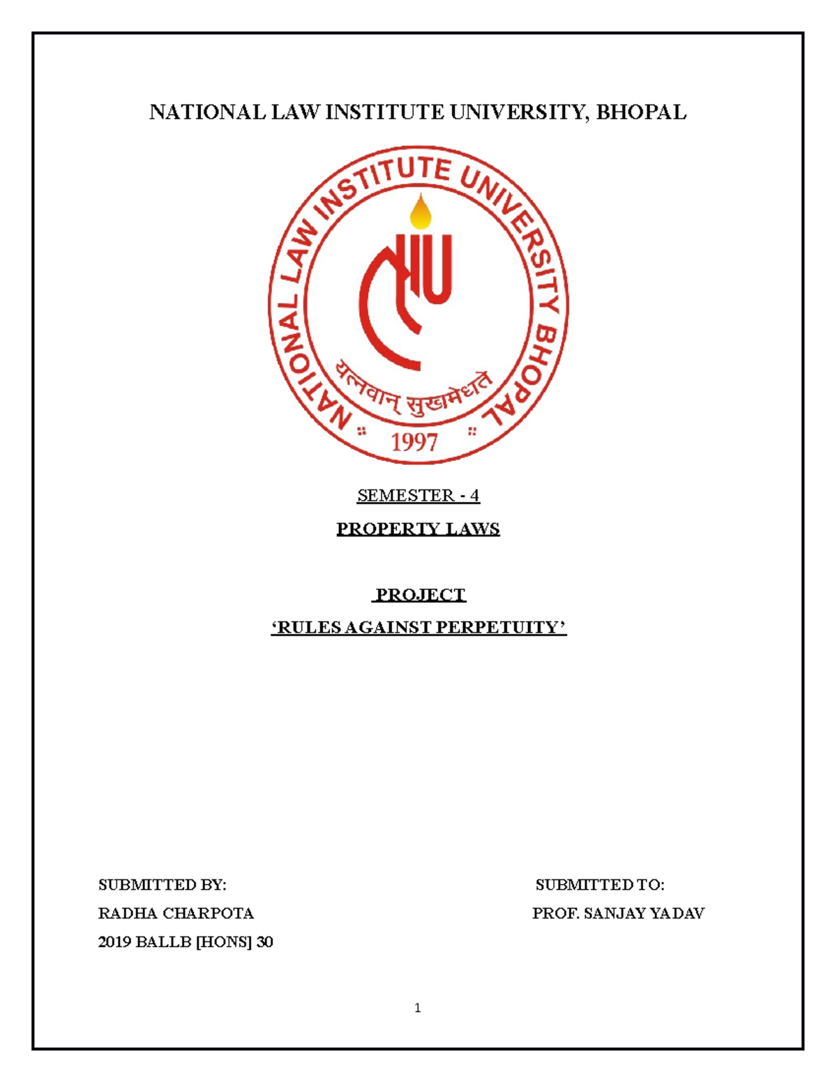 Property law project - NATIONAL LAW INSTITUTE UNIVERSITY, BHOPAL ...