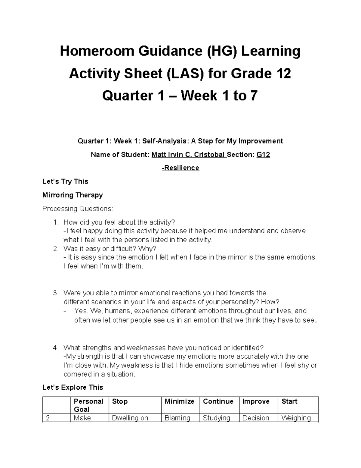 Homeroom Guidance Quarter 1 - Homeroom Guidance (HG) Learning Activity ...