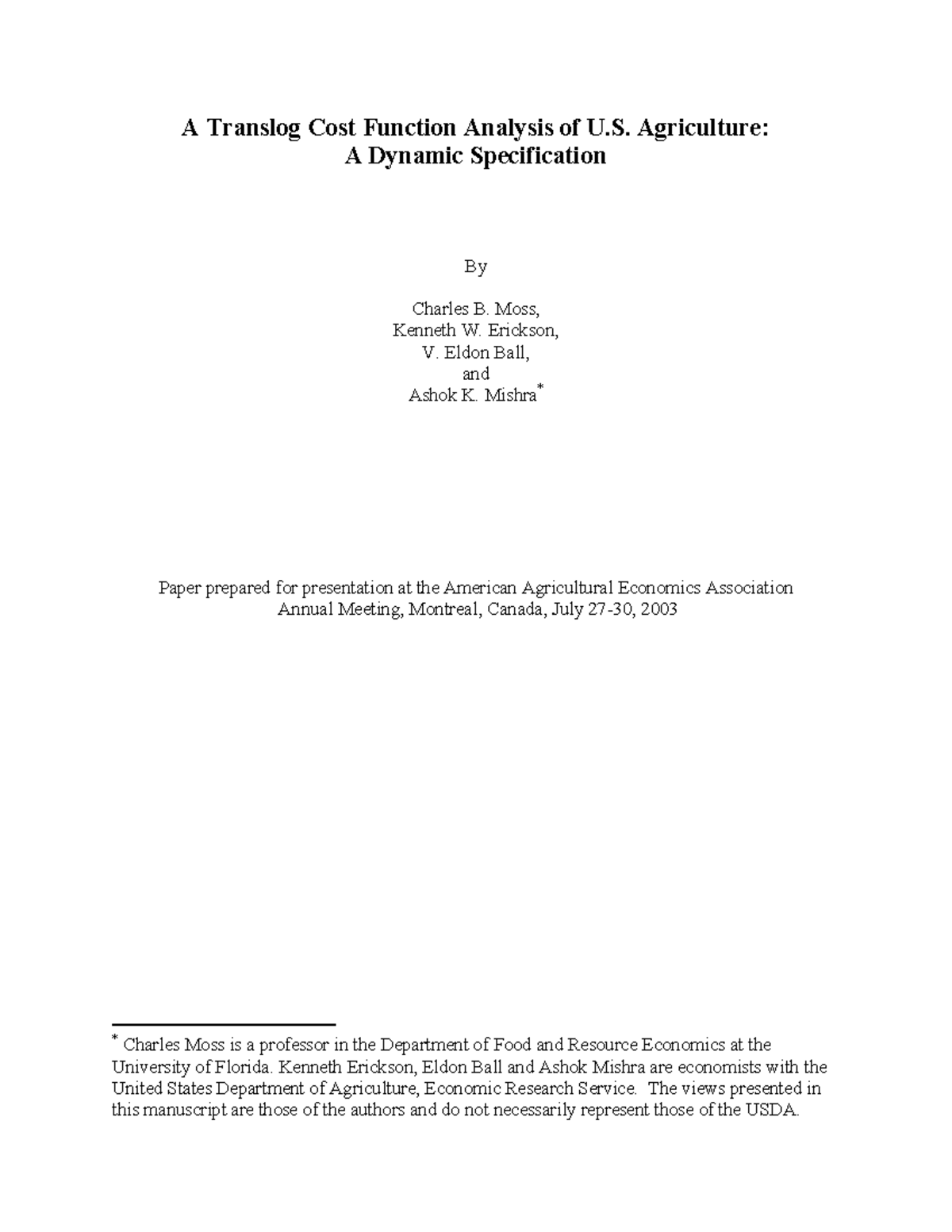A Translog Cost Function Analysis of U.S. Agriculture - A Translog Cost ...