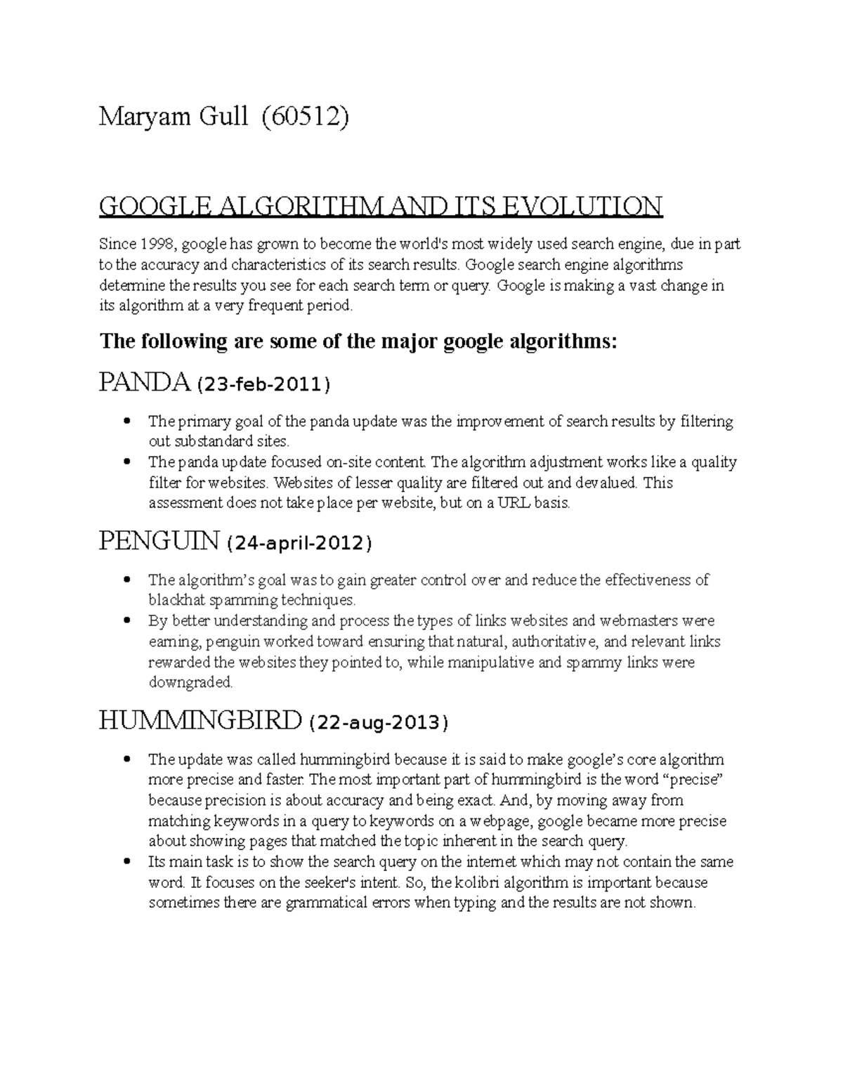 google algorithm - Maryam Gull (60512) GOOGLE ALGORITHM AND ITS ...