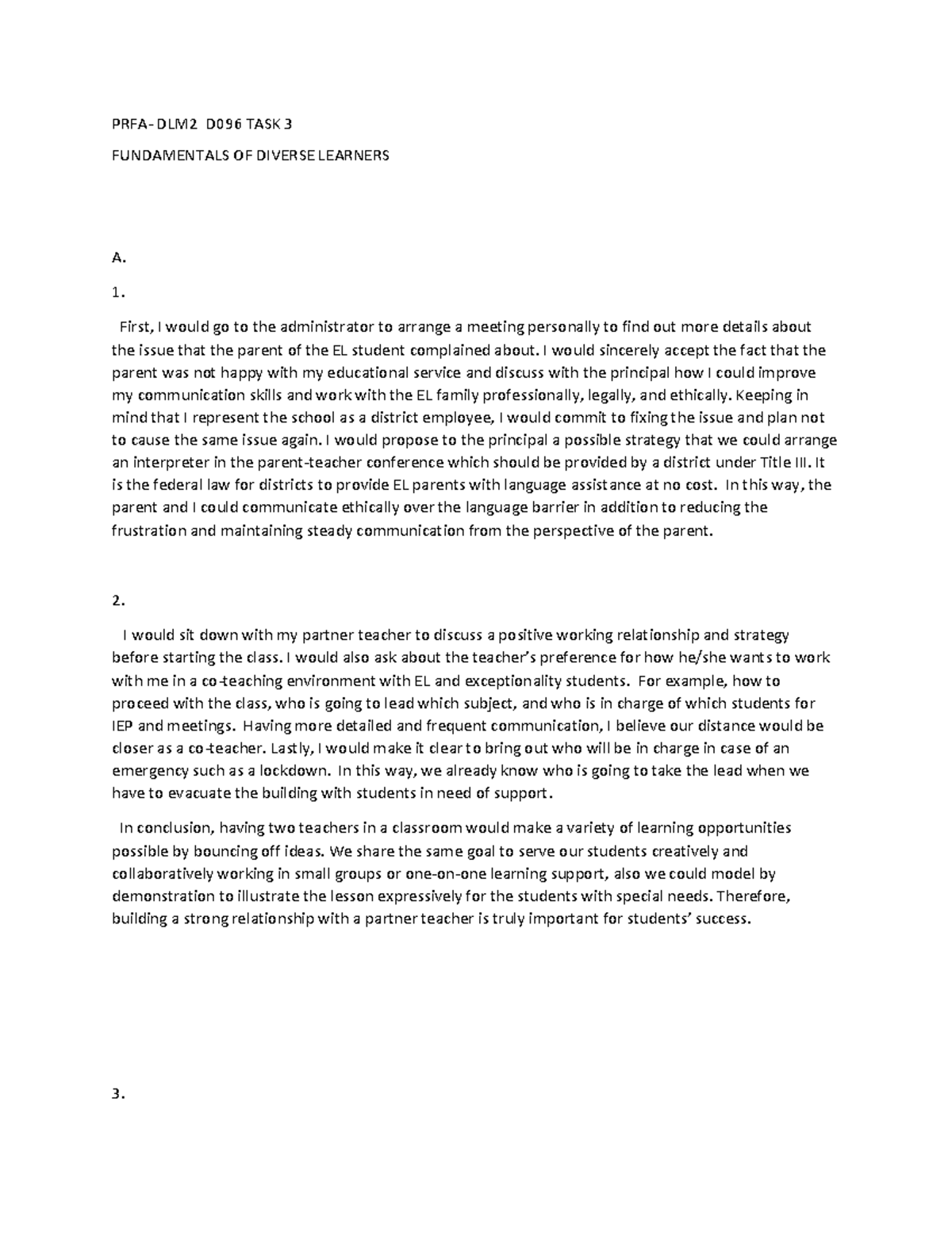 D096 Task 3 document - PRFA- DLM2 D096 TASK 3 FUNDAMENTALS OF DIVERSE ...