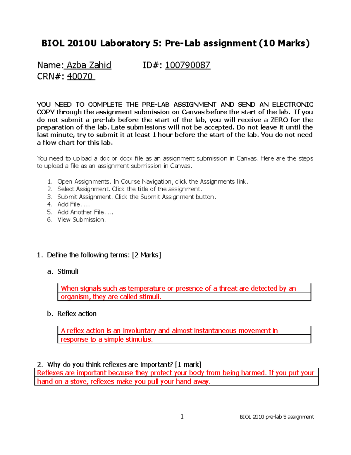 2010 lab 5 prelab assignment 2022 (1) (1) - BIOL 2010U Laboratory 5: Pre-Lab assignment (10 ...