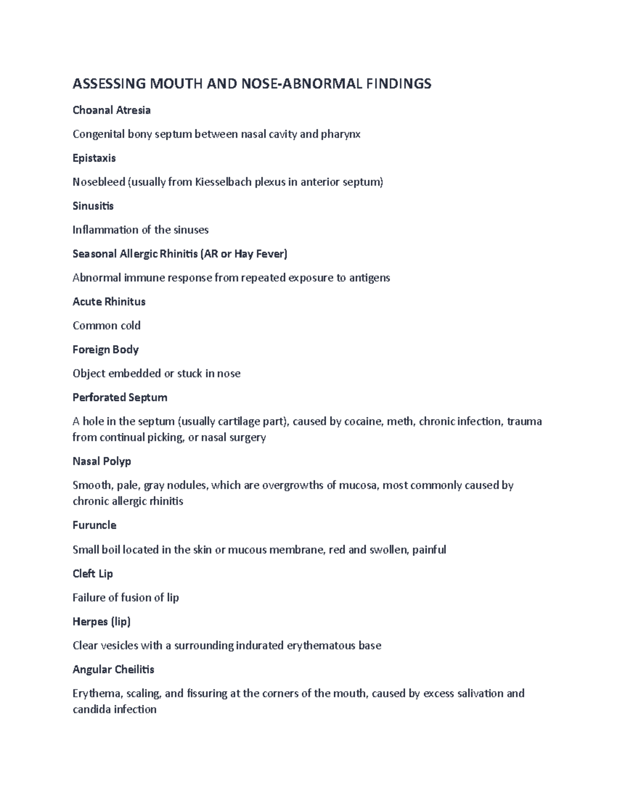 Assessing Mouth AND NOSE- Abnormal Findings - ASSESSING MOUTH AND NOSE ...