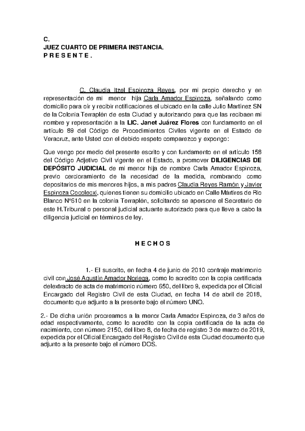 Espinoza Reyes Claudia Itzel ACTO Prejudicial - C. JUEZ CUARTO DE ...