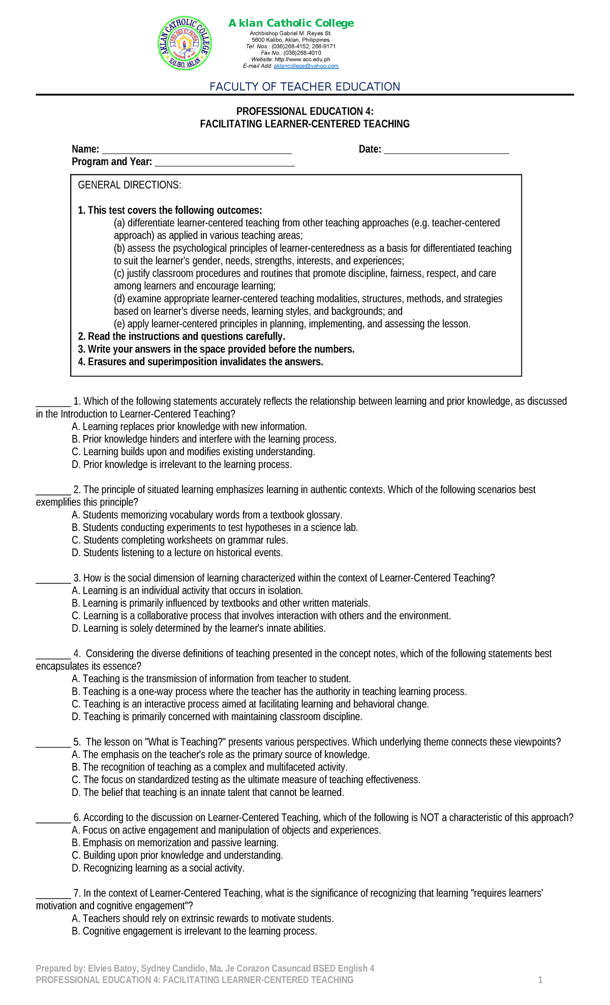 Edited questionnaire 16 pages - FACULTY OF TEACHER EDUCATION ...