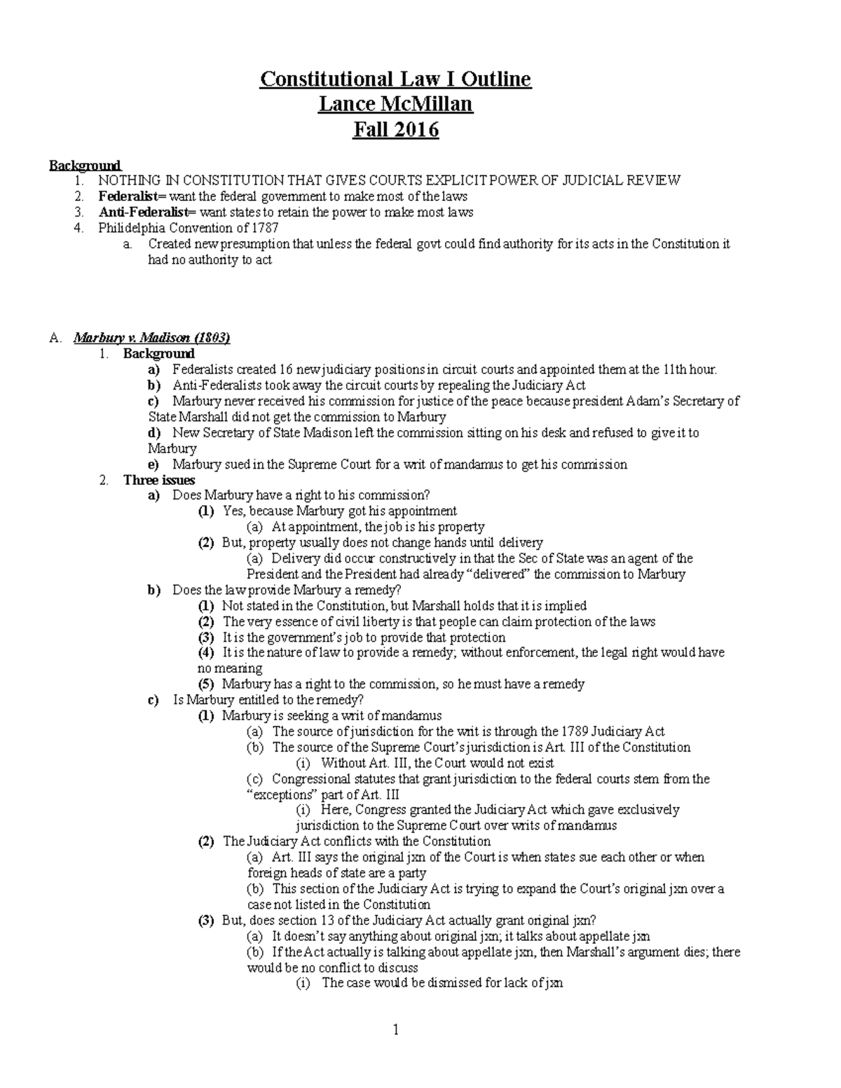42 Final Outline copy - Lecture notes 1-28 - Constitutional Law I ...