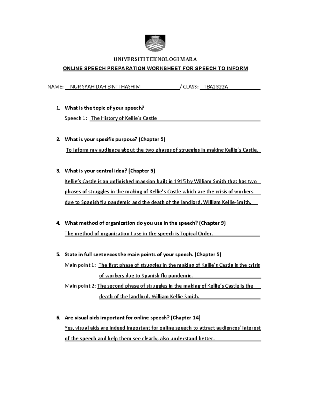 SP2 OUTLINE COM165 - UNIVERSITI TEKNOLOGI MARA ONLINE SPEECH ...