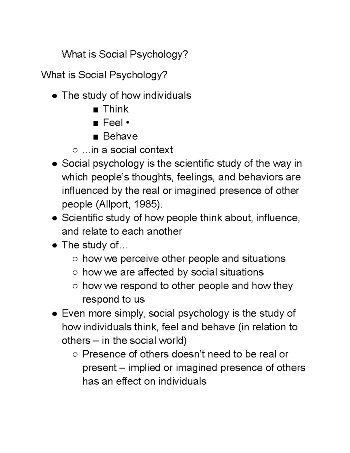 Psy 240 Lecture #1 Notes - What is Social Psychology? What is Social ...