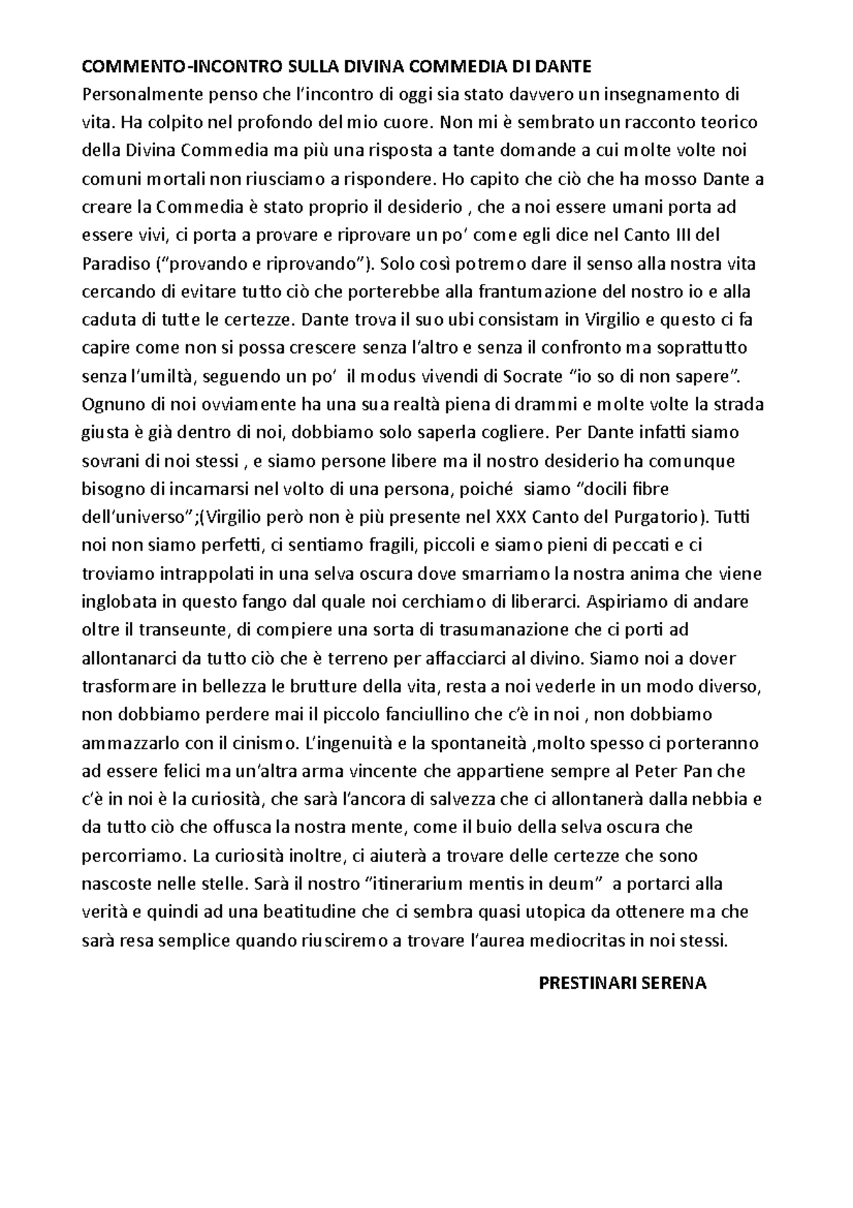 Commento- Incontro Sulla Divina Commedia DI Dante Prestinari Serena VAL ...