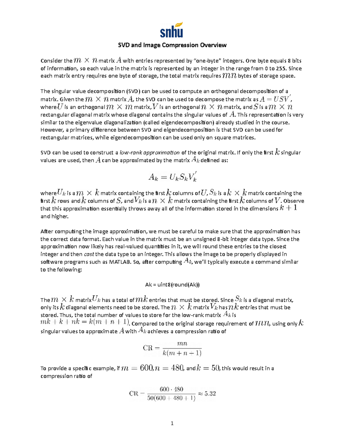 MAT 350 Project Two SVD and Image Compression Overview - SVD and Image Compression Overview ...