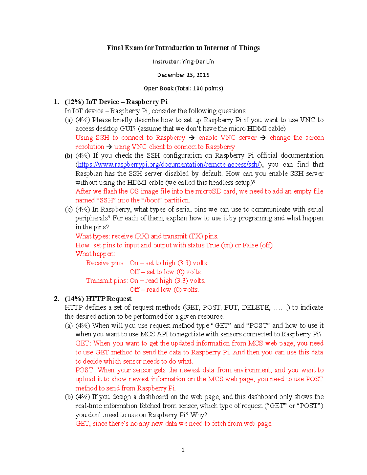Iot final sol2019 - Final Exam for Introduction to Internet of Things ...